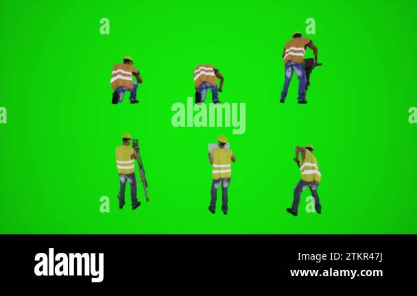 3d green screen construction workers measuring pounding with hammer ...