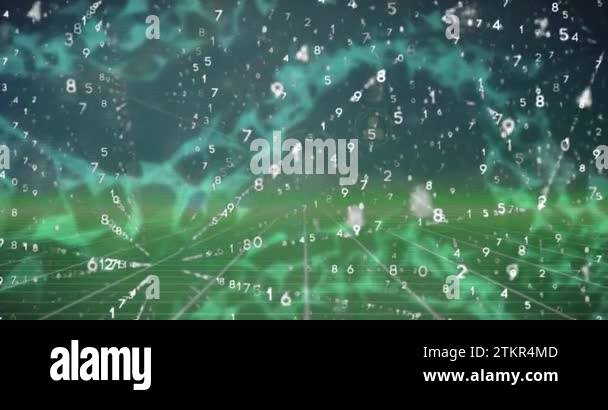 Animation of changing numbers in lines over grid pattern against abstract background. Digitally ...