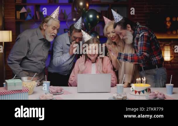 Senior Friends from Nursing Home Making Video Call Birthday Party Using ...