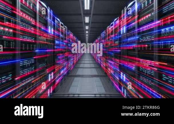 Server Room with AI Data Flow. Digital Information Streaming in Server ...