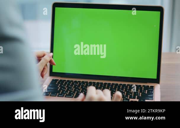 Unknown girl using chroma key laptop for office work close up. Woman ...