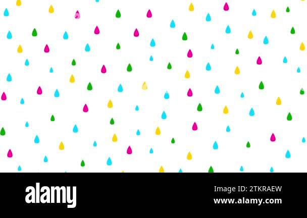 Animated colorful raindrops falling from above. It's raining. Looped ...