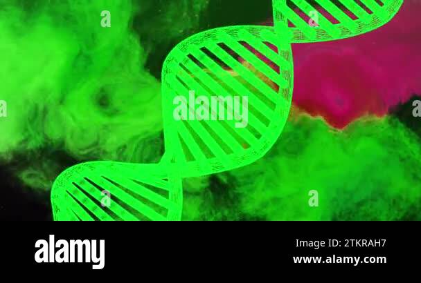 Rotating green dna strand over green and red smoke cloud background ...