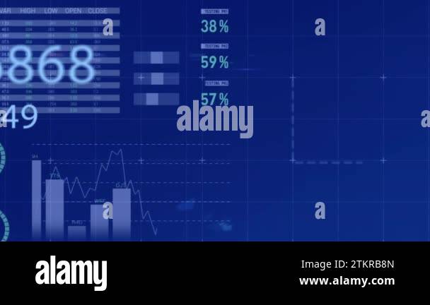Animation of multiple changing numbers over statistical data processing against blue background ...