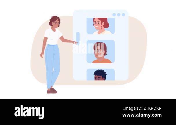 Animated building customer base. Finding clients. Woman scrolling feed ...