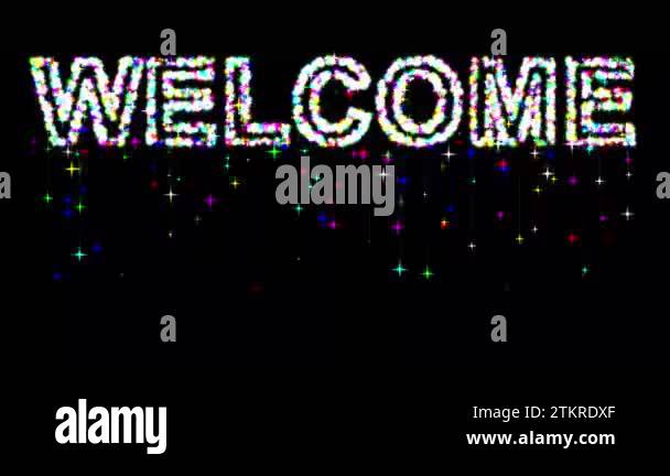 Welcome text with colorful glitter sparkles and falling stars on plain ...