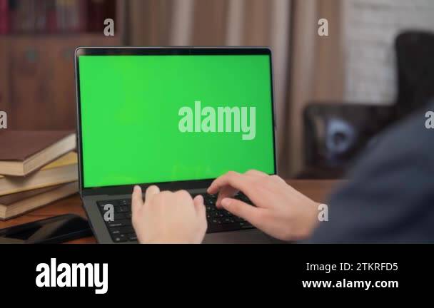 Girl Typing on Keyboard Laptop with Green Screen Mock-up. Close Up ...