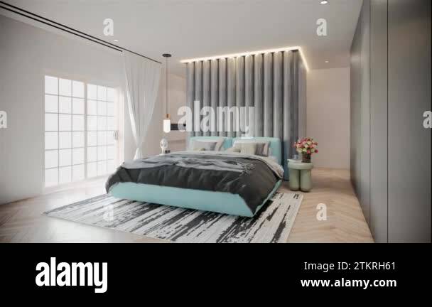Modern Luxury Bedroom Animation with powder blue Color. 3D Illustration ...