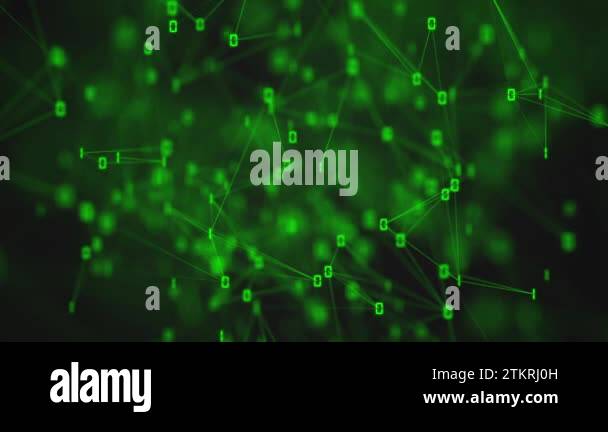 Abstract Green Binary Code Background With Glowing Ones And Zeros Connected By A Plexus Network