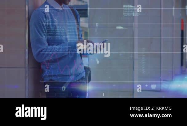 Animation of binary codes, computer language, biracial man standing and ...