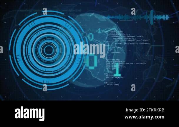 Animation of data processing and scope scanning over globe and world map. Global business and ...