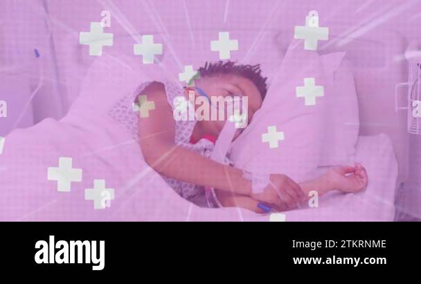 Animation of crosses and light trails over african american boy wearing ...