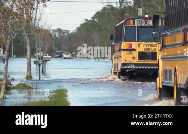 Hurricane Ian flooded street with moving evacuation school buses in ...