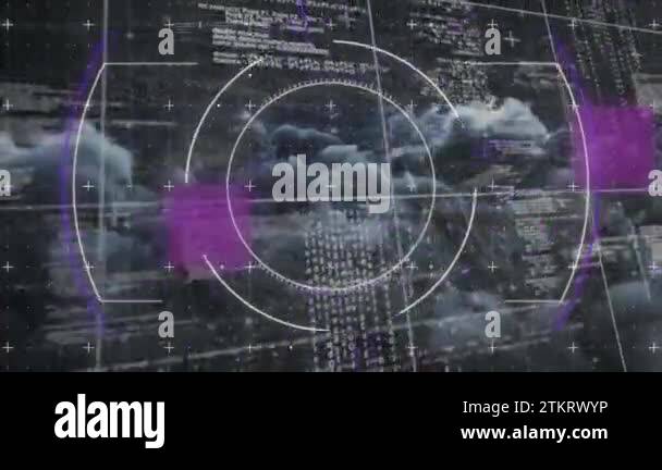 Animation of glitch effect and scope scanning over data processing against dark clouds. Computer ...