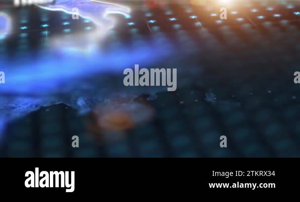 Digital map, country location and hologram of Italy with blue light ...