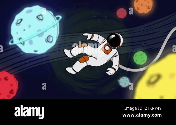 Loopable cartoon astronaut flying in space, surrounded by colorful ...