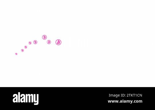 Animated pink bitcoin coins fly from left to right. A wave with flying ...