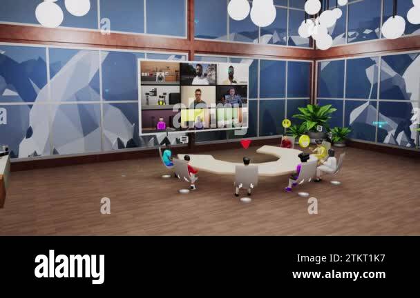 3D avatars talk with people by video in meta universe. Business meeting ...
