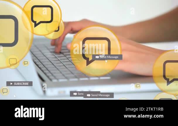 Animation of social media texts with speech bubble icon over hands ...