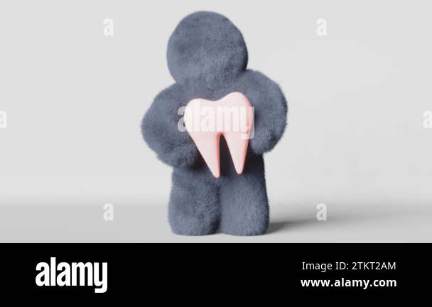 Cute blue fur Yeti holds white healthy and red aching molar tooth 3D ...