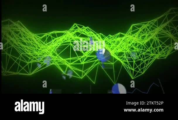 Animation of neon green digital wave and statistical data processing against black background ...