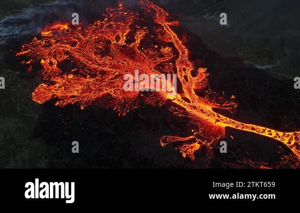 Close up look on Volcanic eruption. Active volcanic crater. Aerial ...