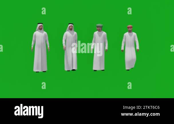 Four Arab men green screen standing and moving and walking from the ...