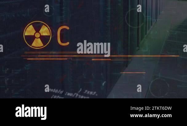 Animation of radioactive warning symbol, text and computer language over data server room ...
