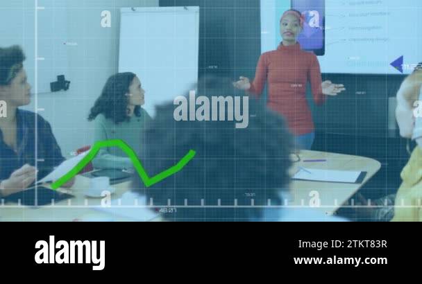 Animation of graph and changing numbers over diverse woman sharing ideas with coworkers in ...