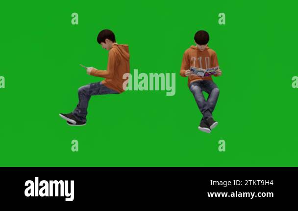 school boy reading textbook sitting green screen with 2 different views ...