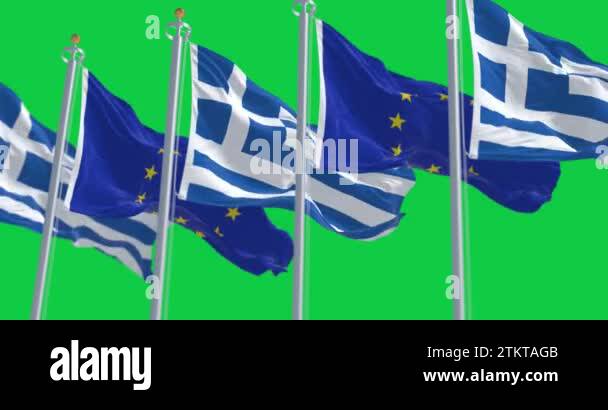 National flags of Greece waving in the wind with flags of the European ...