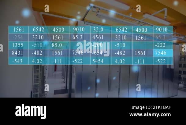 Animation of statistical data processing and blue glowing spots falling against computer server ...