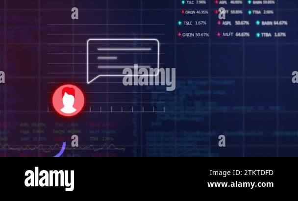 Animation of message box, profile icon, graphs, trading board, computer ...