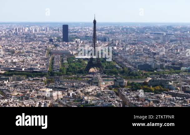 Aerial view Eiffel Tower and surrounding buildings in urban boroughs ...