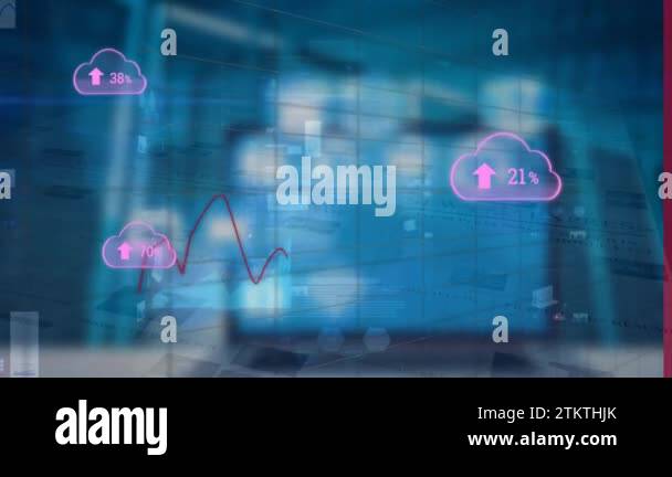 Animation of multiple cloud icons with increasing percentage against statistical data processing ...