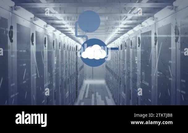 Animation of application icons forming flow chart and lines moving over server room. Digital ...
