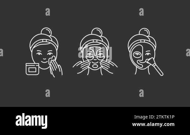 Animated face care white line icons. Applying facial cream and mask ...