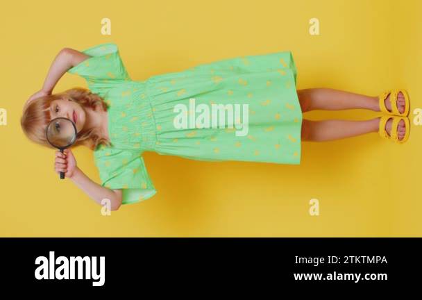 Investigator researcher scientist school girl holding magnifying glass ...