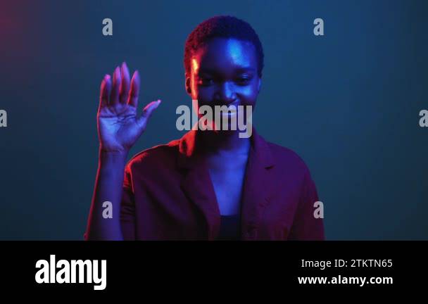 Bye gesture. Leaving farewell. See you. Red blue neon color light ...