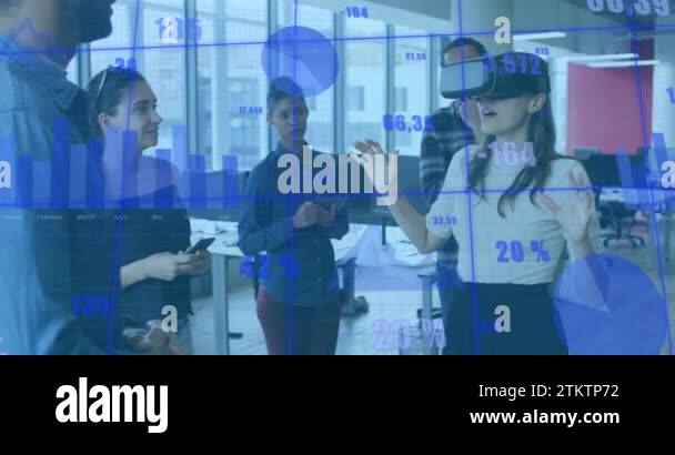 Animation of graphs, numbers, diverse woman using vr headset and giving ...