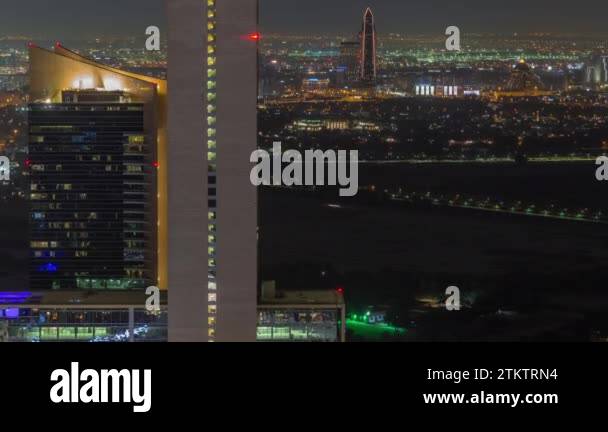 Bur Dubai and Deira districts aerial night timelapse viewed from ...