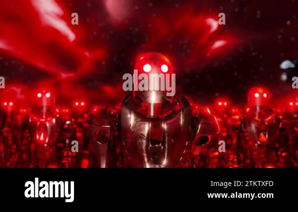 3d animation loop of futuristic army of robots with glowing neon ed eyes walking under dark ...