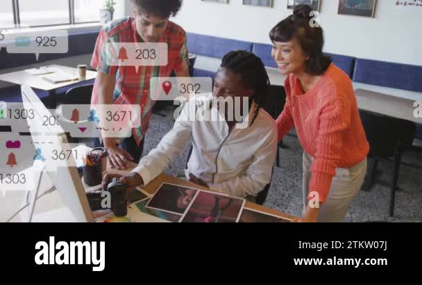 Animation of multiple notification bars over diverse coworkers ...