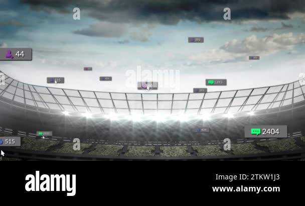Animation of social media icons floating against sports stadium. Social ...
