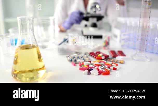 Science lab researches safe new medicines microscope and different ...