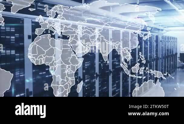 Animation of world map and data processing over computer servers. Global connections, digital ...