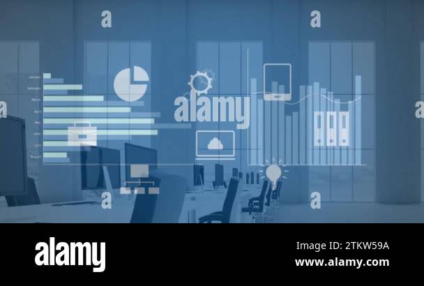 Animation Of Statistical Data Processing And Digital Icons Against Empty Office Computer