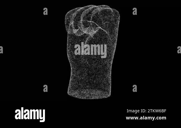 3D human fist rotates on black bg. Object dissolved white flickering ...