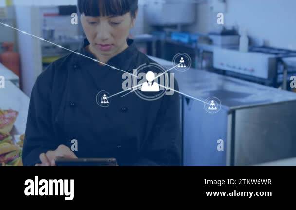Animation of connected people icons over asian female chef using tablet ...