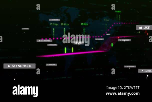 Animation of notification bars with graphs and map over black background. Digitally generated ...